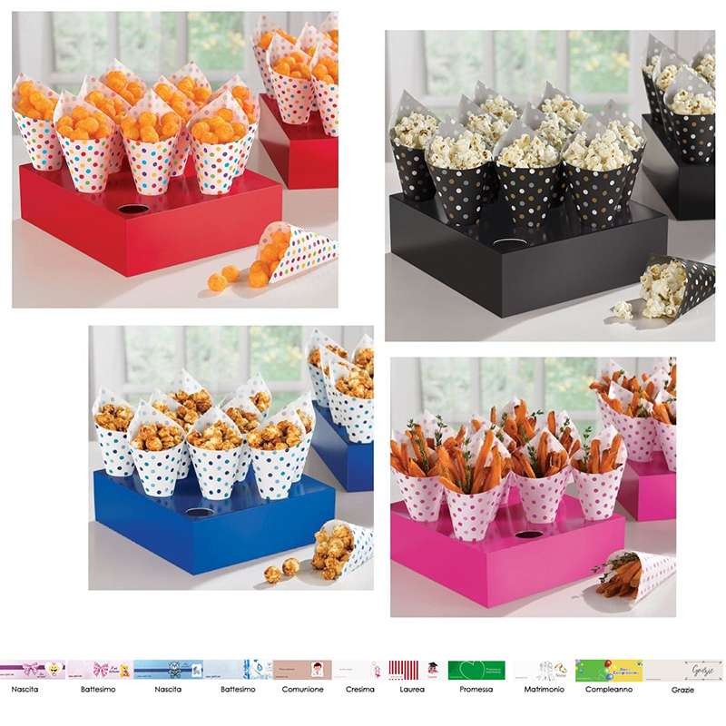 Coni colorati in carta porta snack - con vassoio