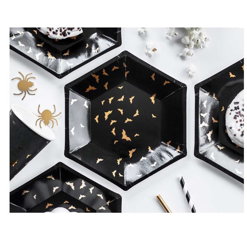 Piatti neri esagonali con pipistrelli oro - 6 pz